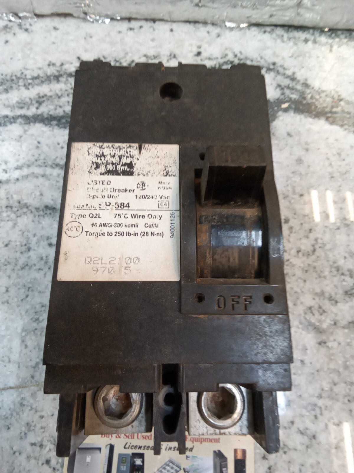 Square D Q2L2100, 100 Amp/ 2 Pole /120/240VA/Circuit Breaker Type Q2L ...