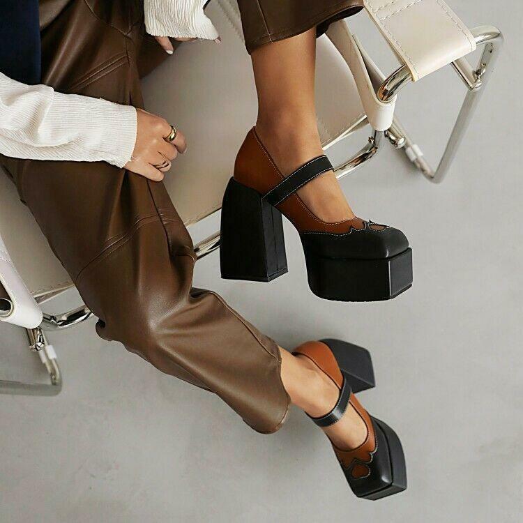 Womens Ladies Block Heel Square Toe Platform Faux Leather Shoes Buckle ...