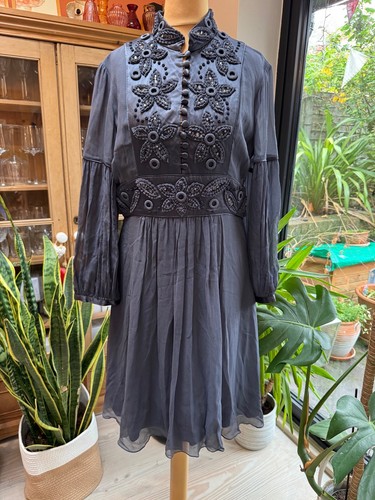 Exquisite ANNE LOUISE ROSWALD Dusty Blue Silk Chiffon Embellished L/S ...