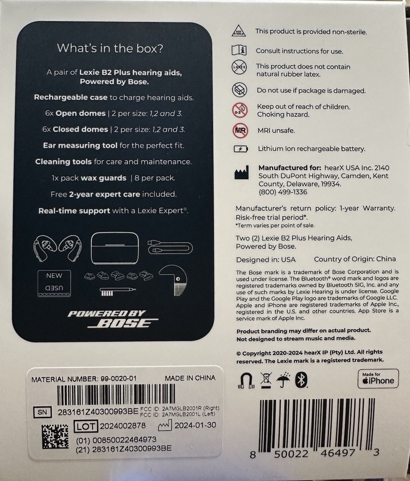 “NEW” Lexie B2 Plus Powered by Bose Self-fitting OTC Hearing Aid Sealed ...