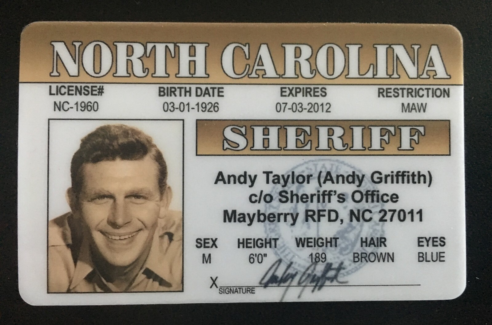 Sheriff Andy Taylor Mayberry NC Novelty Sheriff Andy Griffith card TV ...