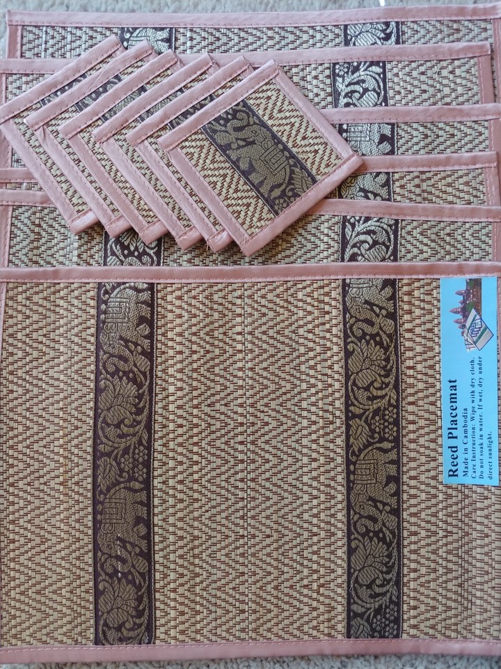 6 Reed Placemats + 6 Coasters Set Dining Mats Table Kitchen Elephants ...