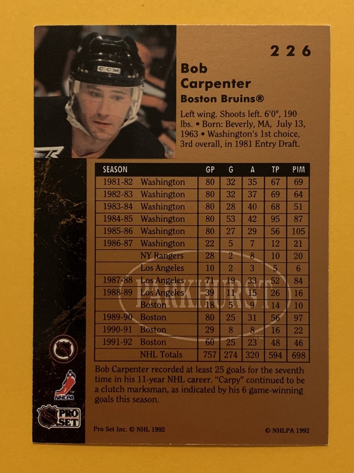 BOB CARPENTER Signed 1991-92 Parkhurst #226 Boston Bruins Autograph ...