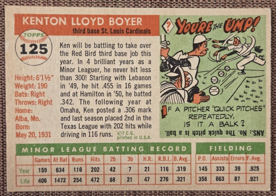 1955 Topps #125 Ken Boyer St. Louis Cardinals Original Rookie Baseball ...
