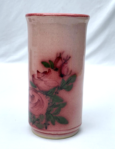 VINTAGE HAND PAINTED POTTERY VASE PINK ROSES FLOWERS SIGNED ILLEGIBLE ...