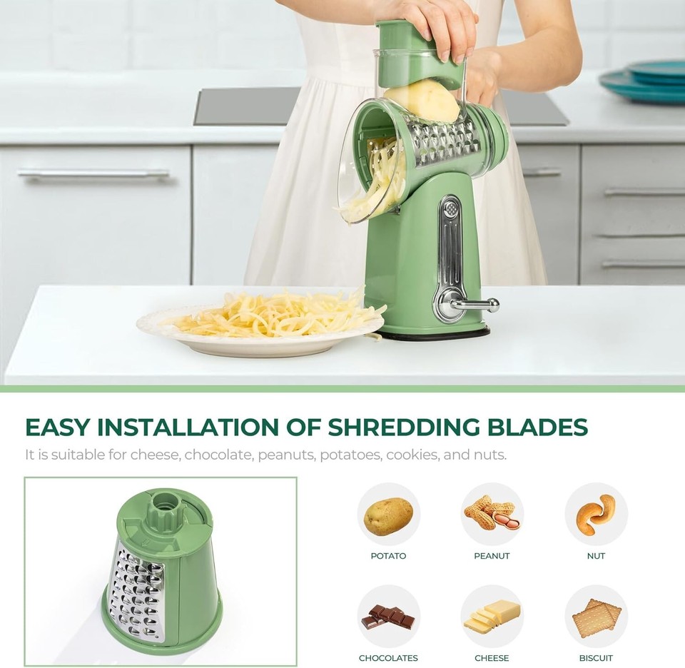 SUSTEAS Rotary Cheese Grater w/Handle &5 Blades, Round Slicer ...