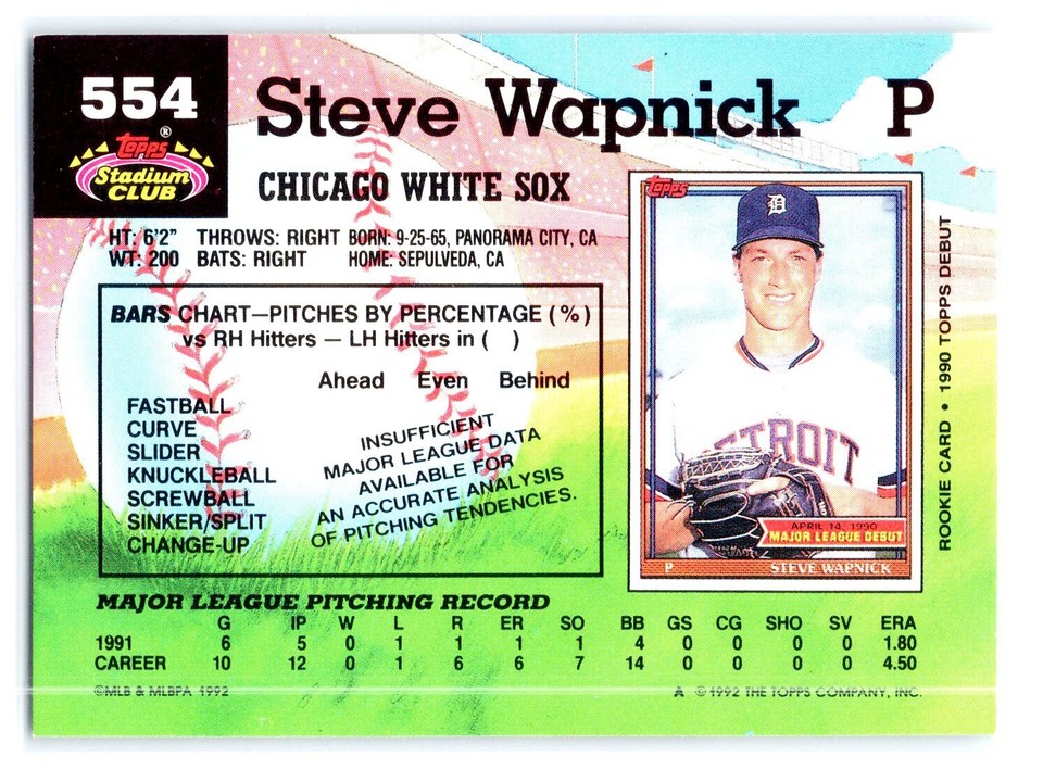 1992 Stadium Club Baseball #554 Steve Wapnick Chicago White Sox | eBay