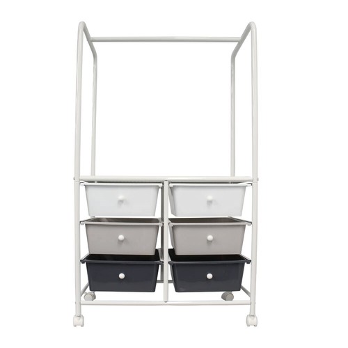 METAL TROLLEY CLOTHING RACK WHEELS w/ 6 DRAWER Portable Clothe Garment ...