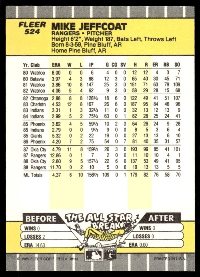 1989 Fleer Baseball Card Mike Jeffcoat Texas Rangers #524 | eBay