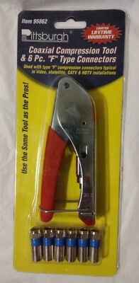 Pittsburgh Brand Coaxial Compression Tool & 6 Piece "F" Type Connectors ...
