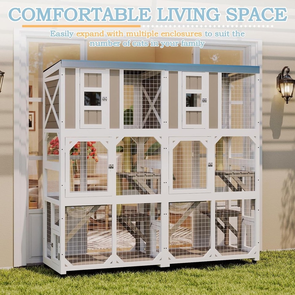 Petscosset Large Wooden Catio Outdoor Cat Enclosure, Window Cat House ...