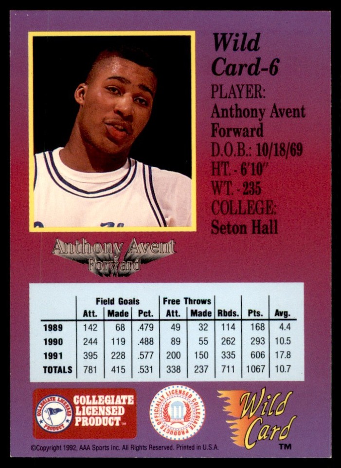 1991-92 Wild Card Anthony Avent Seton Hall Pirates #6 | eBay