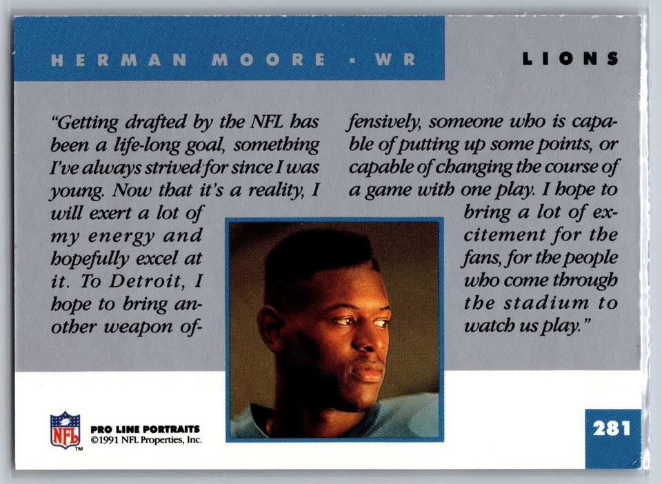 1991 Pro Line Portraits - Herman Moore #281 (RC) Detroit Lions NFL ...