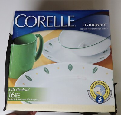 Corelle dinnerware set (4) vintage CITY GARDENS bowls, plates, green ...