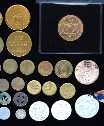 Lot of Vtg 30 Tokens (Parking, Arcade, Transit), Medals, Commemoratives ...