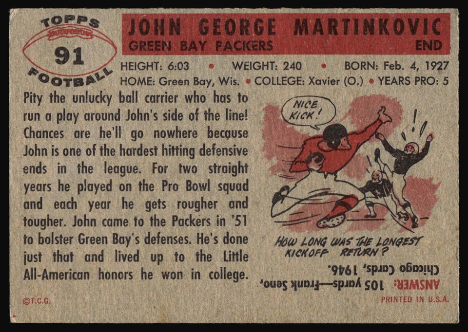 1956 Topps John Martinkovic #91 Green Bay Packers | eBay