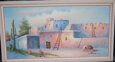 Large W. ZELLER ORIGINAL OIL PAINTING Southwest Cactus Adobe ...