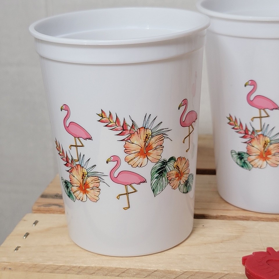Set of 9 Tropical Plastic Party Cups w/ Flamingos and 7 Cup Markers | eBay
