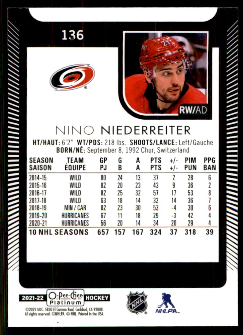 2021-22 O-Pee-Chee Platinum Nino Niederreiter Hockey Cards #136 | eBay