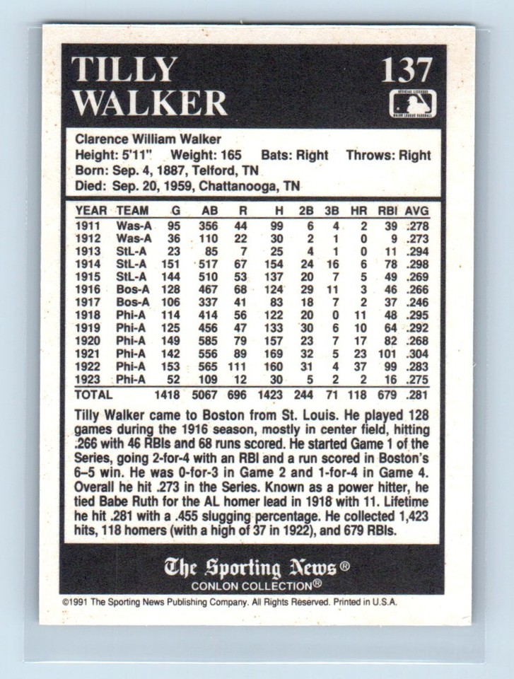 1991 Conlon Collection TSN Tilly Walker Boston Red Sox #137 | eBay