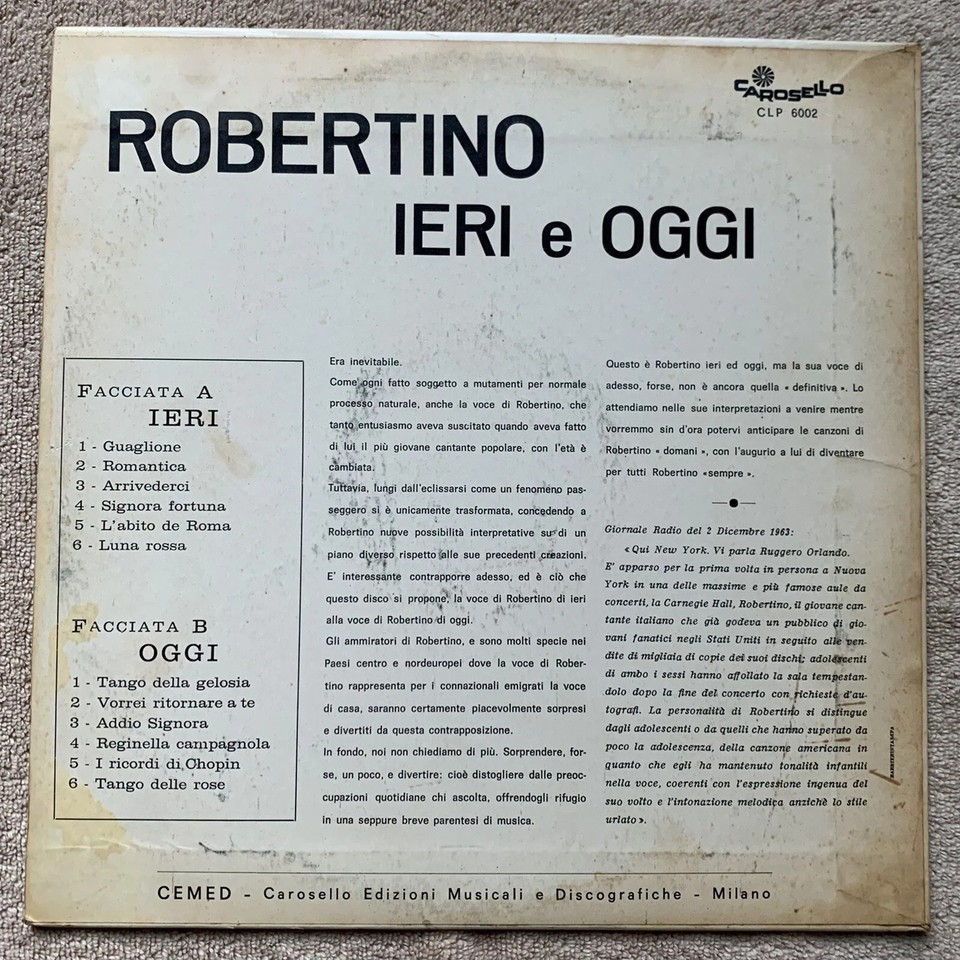 ROBERTINO IERI E OGGI Vinyl LP RECORD 1964 Album ITALY Vocal CLP 6002 ...