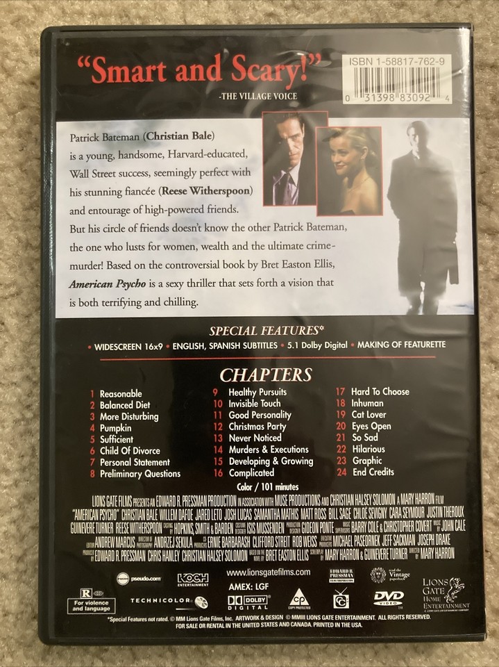 American Psycho DVD 2003 Christian Bale Brett Easton Ellis ORIGINAL ...