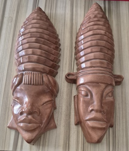 Pair of MCM Brown Ceramic Slender Tribal Face Masks Wall Art | eBay