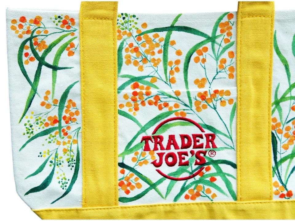 Trader Joe’s Mini Canvas Tote Hand Painted Yellow Floral Reusable Bag ...