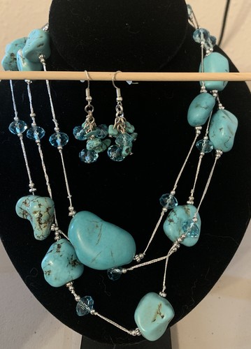 Vintage Turquoise Glass Beaded Long Necklace Earrings Set Boho ...