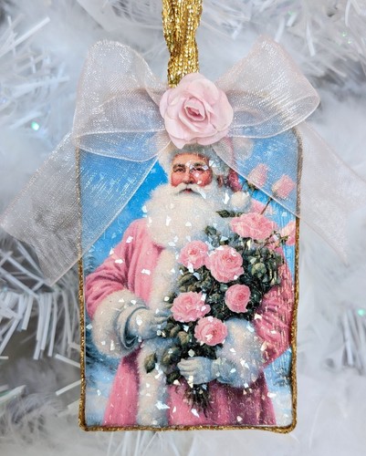 Shabby Chic Victorian Decoupage Pink Rose Glass Glitter Santa Christmas ...