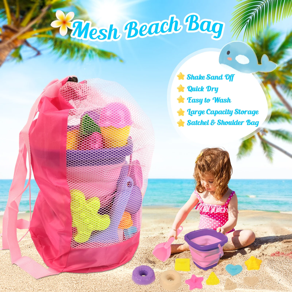 35Pcs Beach Toys Sandbox W/ Collapsible Sand Bucket& Mesh Beach Toy Bag ...
