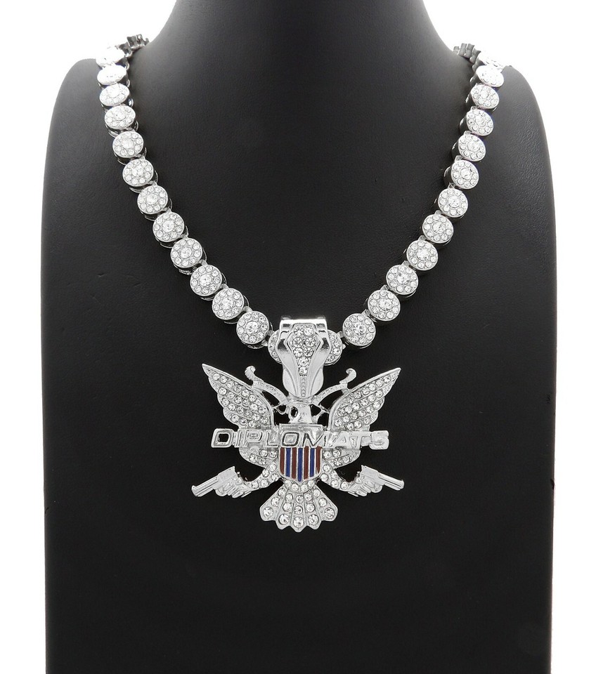 Hip Hop Iced DIPLOMATS Eagle Pendant & 8mm 18" Cluster Choker Chain ...
