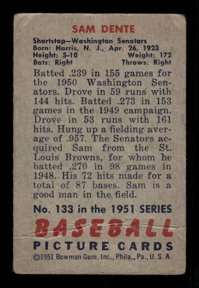 1951 Bowman Baseball Sam Dente #133 Washington Senators CREASE | eBay