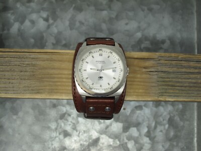 Men's FOSSIL Silver Watch AM3675 Brown Leather Band New Battery Free ...