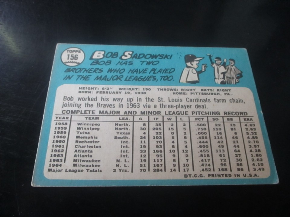 bob sadowski (milwaukee braves - p) 1965 topps card #156 excellent ...