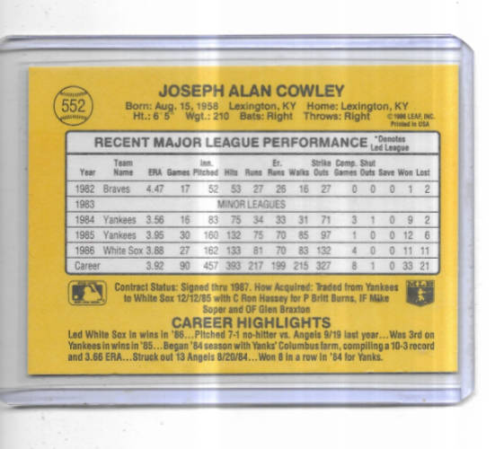 1987 Donruss #552 Joe Cowley Chicago White Sox | eBay