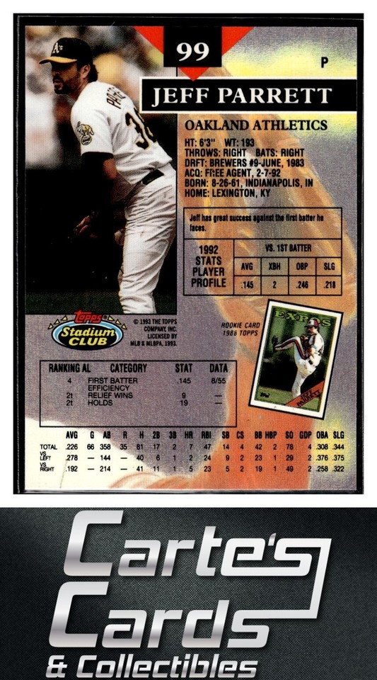 Jeff Parrett 1993 Topps Stadium Club Members Only #99 Oakland Athletics ...