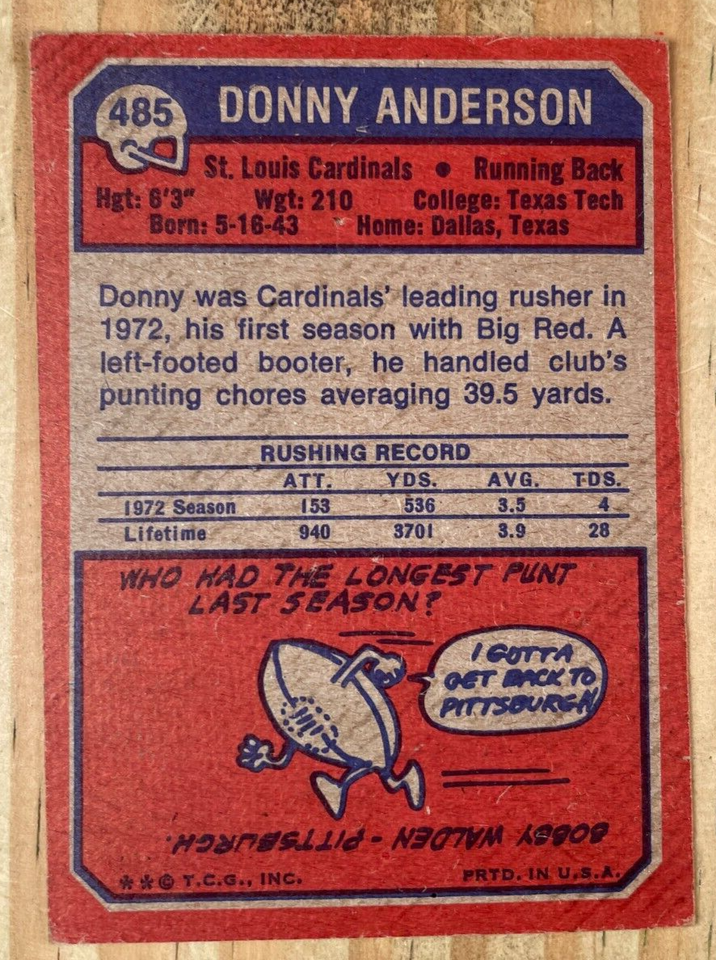 1973 TOPPS DONNY ANDERSON CARD#485 TEXAS TECH GREEN BAY PACKERS ...