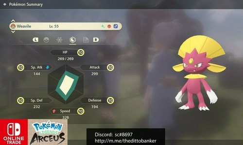 Pokemon Legends Arceus SHINY WEAVILE ALPHA LV.55 MAX Effort Levels FAST ...