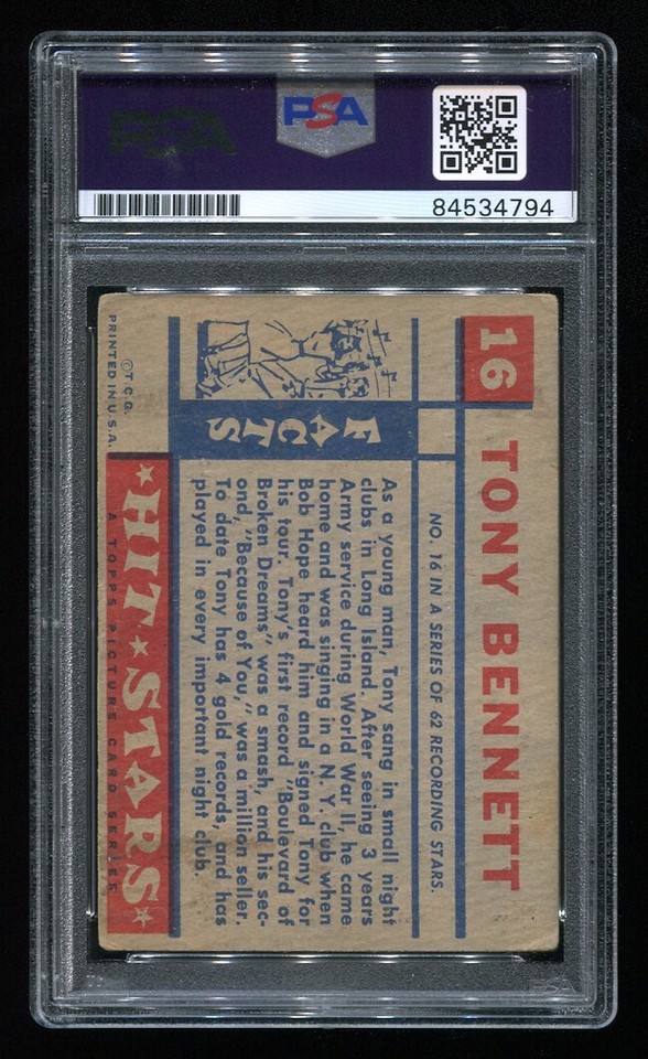 1957 Topps Hit Stars #16 Tony Bennett Signed Auto Trading Card RC, PSA ...