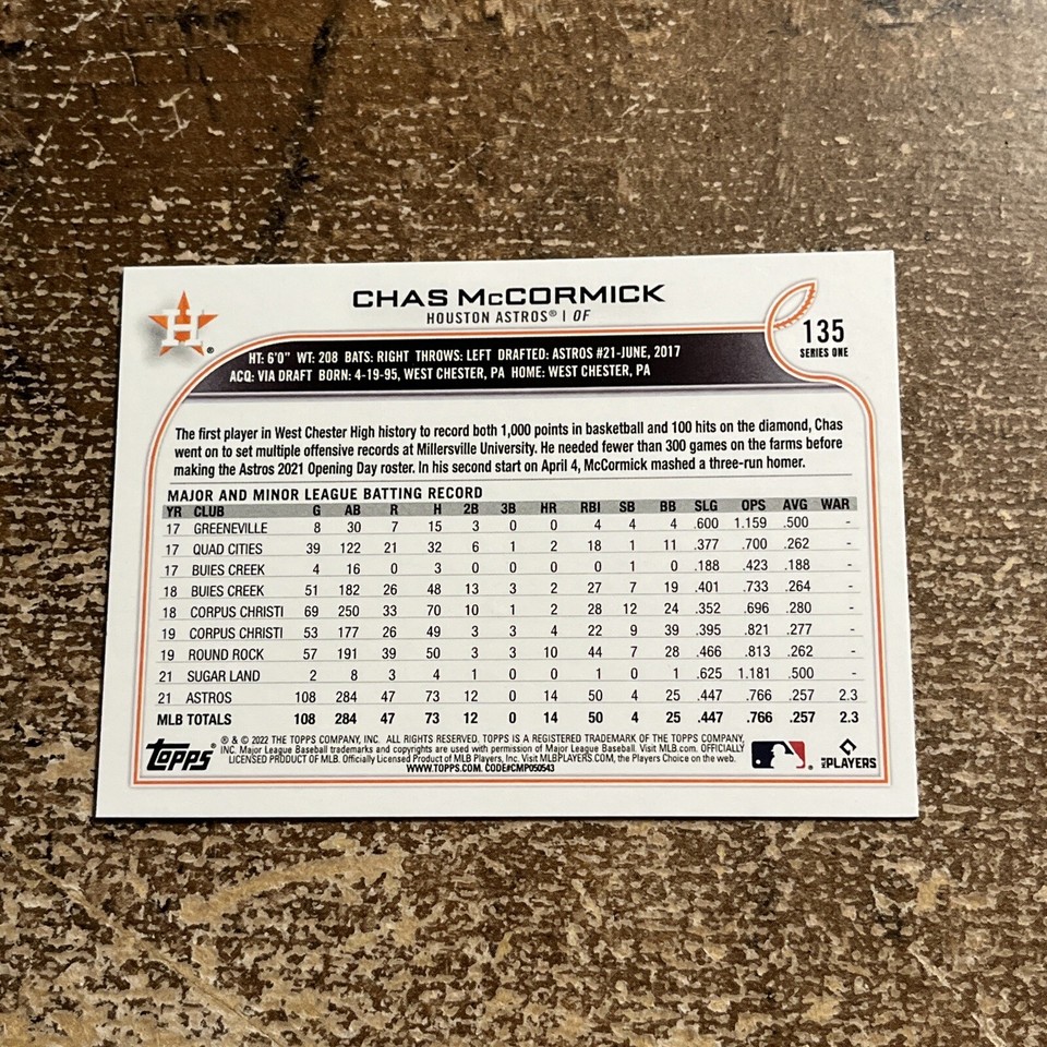 2022 Topps Series 1 Chas Mccormick Rookie Card 135 Houston Astros | eBay