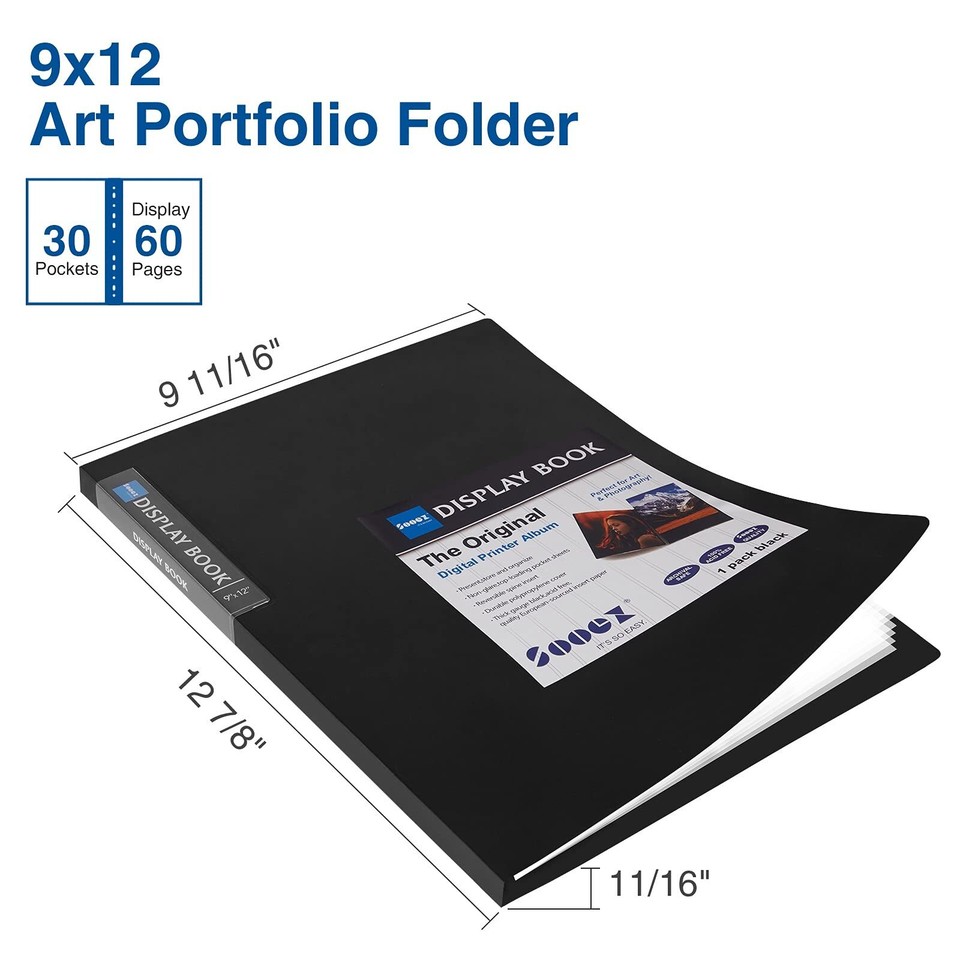 30-Pocket Art Portfolio Binder – 9x12 Black, Display 60 Pages ...