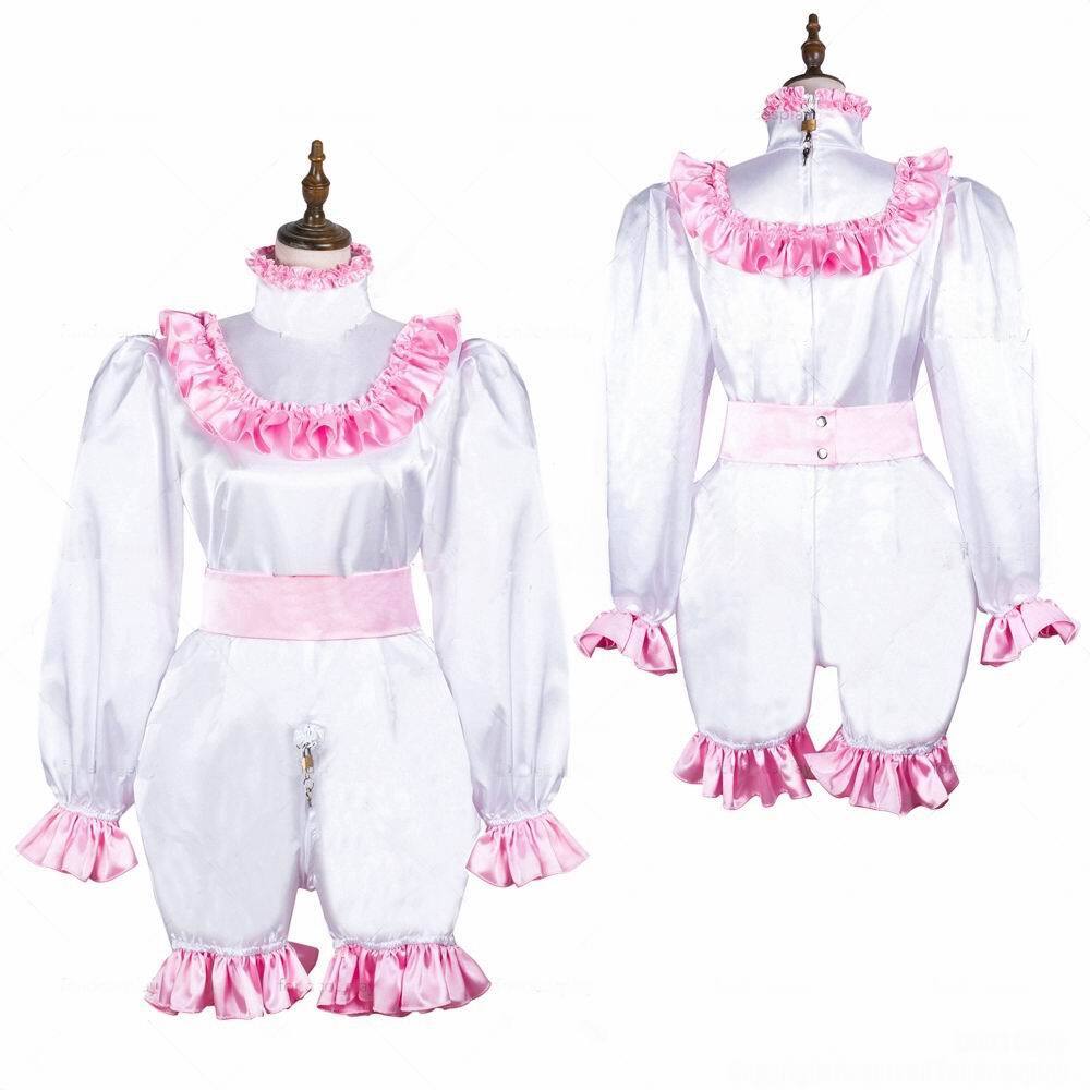 Girl Maid Sissy Romper Lockable White Satin Jumpsuits cosplay costumes ...