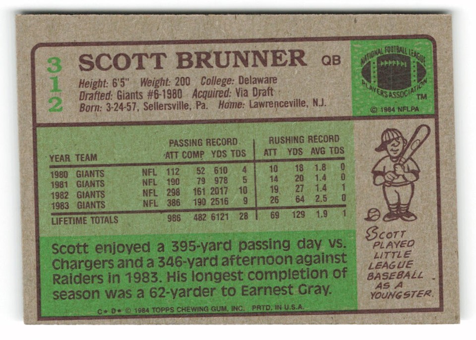 1984 Topps #312c Scott Brunner New York Giants | eBay