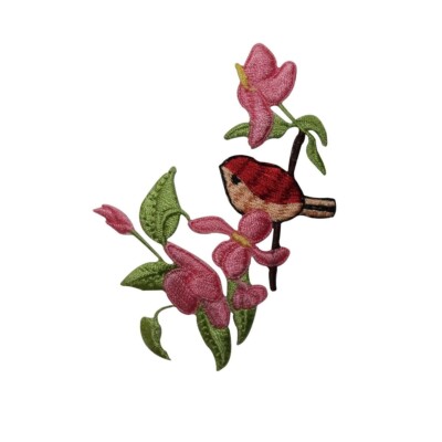 ID 6229 Pink Flower Bush With Bird Patch Garden Embroidered Iron On ...