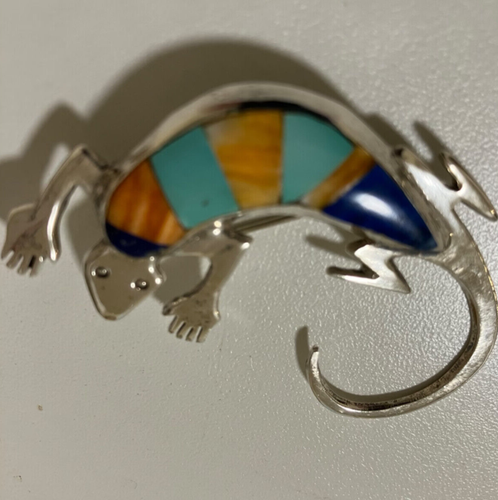 SS Native American Lizard Pin /Multi Stone Inlay /Signed FY Sterling ...