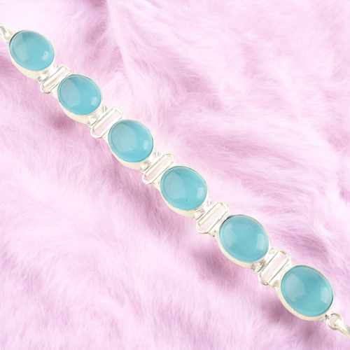 Blue Cat's Eye Gemstone 925 Sterling Silver Handmade Bracelet Gift ...