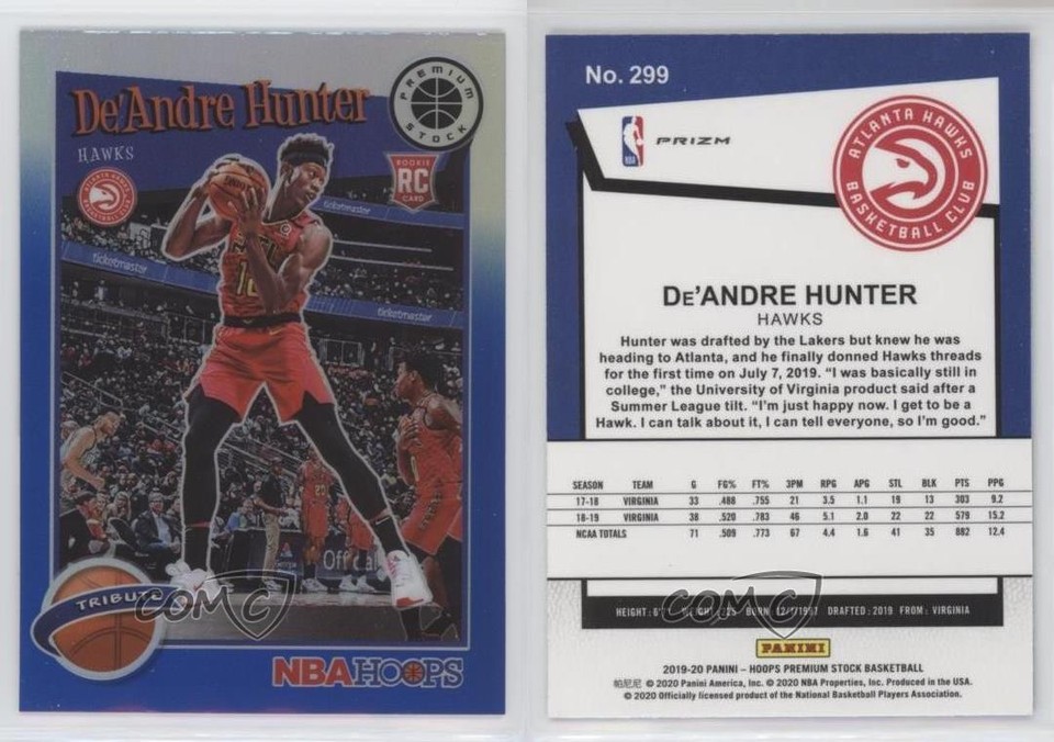 2019 NBA Hoops Premium Stock Tribute Blue Prizm De'Andre Hunter Rookie ...