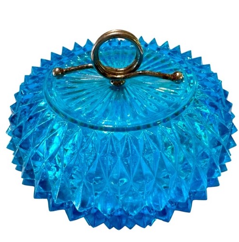 Vintage Indiana Glass Blue Diamond Point Powder Jar with Lid & Metal ...