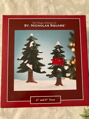 St Nicholas Square Village 6" & 8" Pine Trees Hand Painted New in Box ...